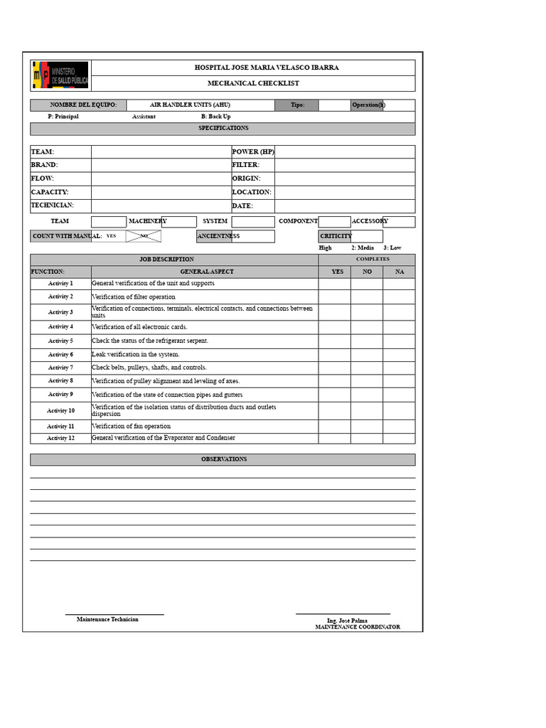 Hospital Mechanical Maintenance Checklist | PDF | Air Conditioning | Pump