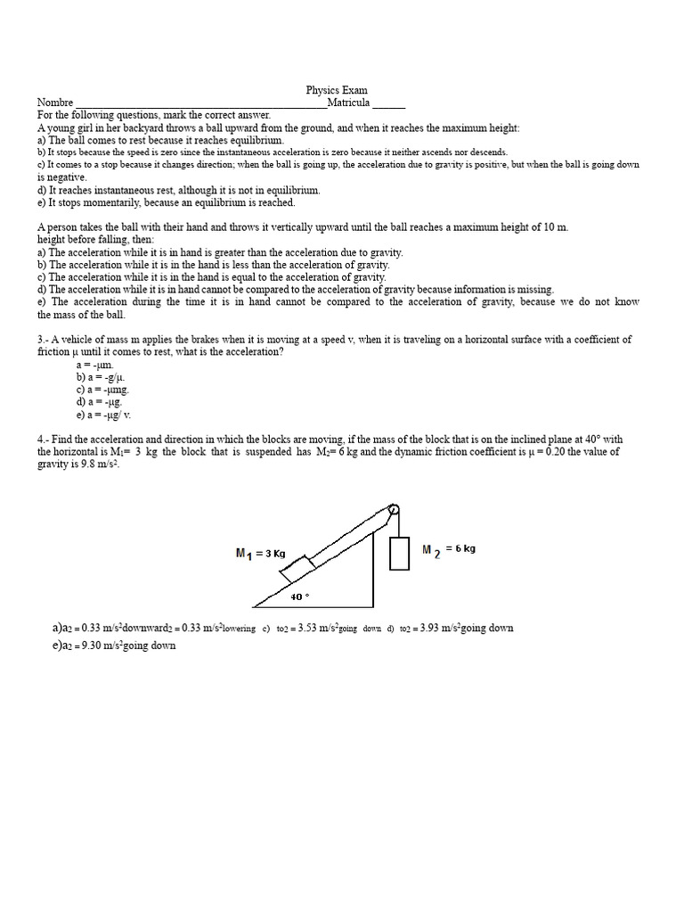 Physics I Exam (First Partial) - 1 | PDF | Acceleration | Force