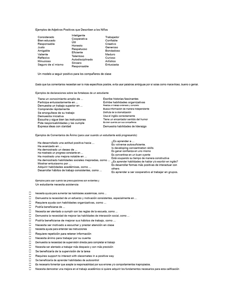 Ejemplos de Adjetivos Positivos Que Describen A Los Niños | PDF ...
