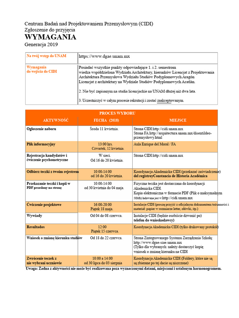 Wymagania Dotyczące Przyjęcia CIDI | PDF