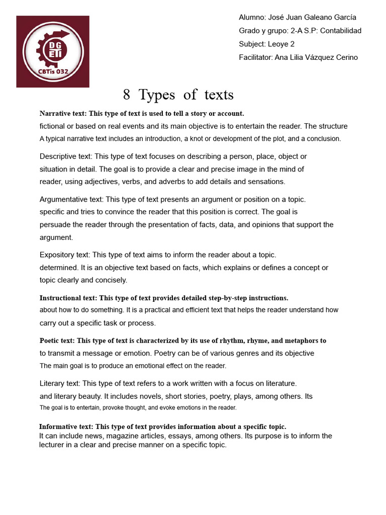 8 Types of Texts: Narrative Text: This Type of Text Is Used To Tell A ...
