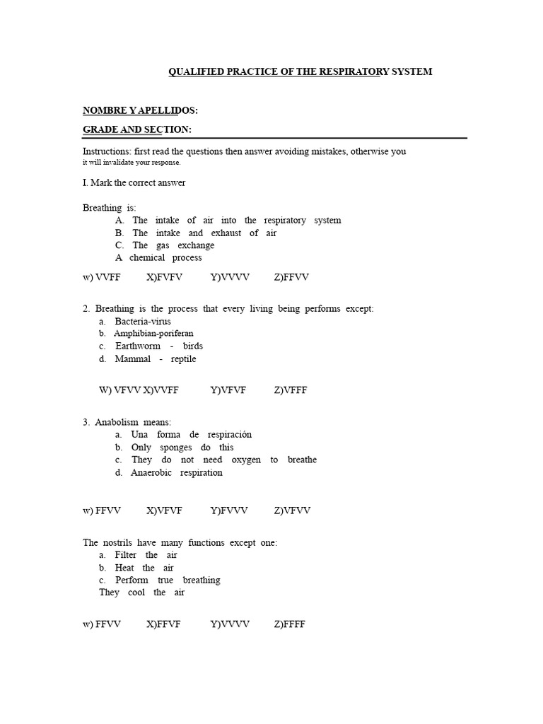 Respiratory System Practice Quiz | PDF