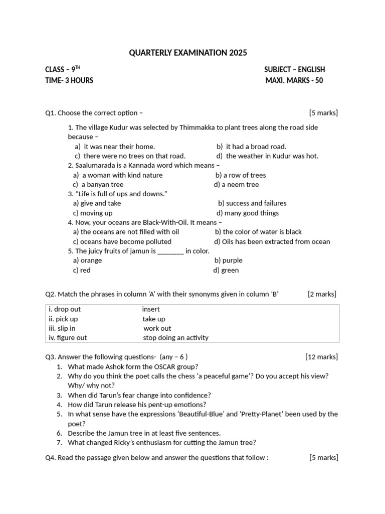 Class 9 English Quarterly Exam 2025 | PDF