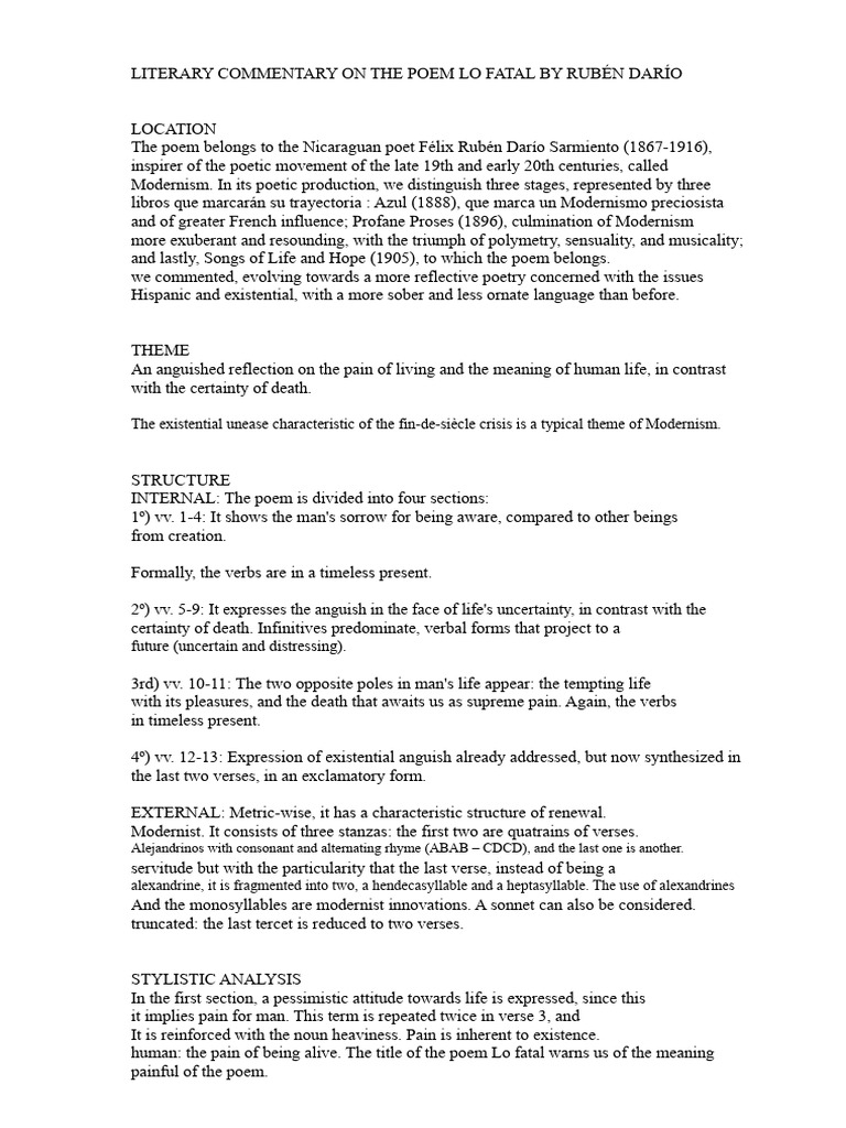 Literary Commentary On The Poem "The Fatal" by Rubén Darío | PDF | Poetry