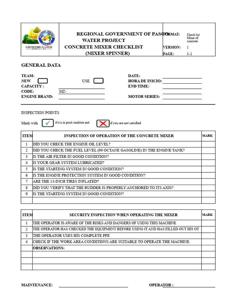 Concrete Mixer Inspection Checklist | PDF
