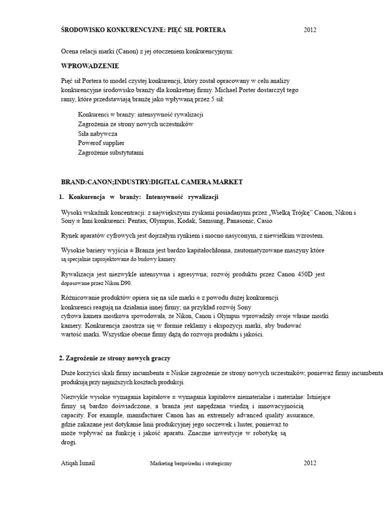 Środowisko Konkurencyjne: Pięć Sił Portera Dla Canona | PDF