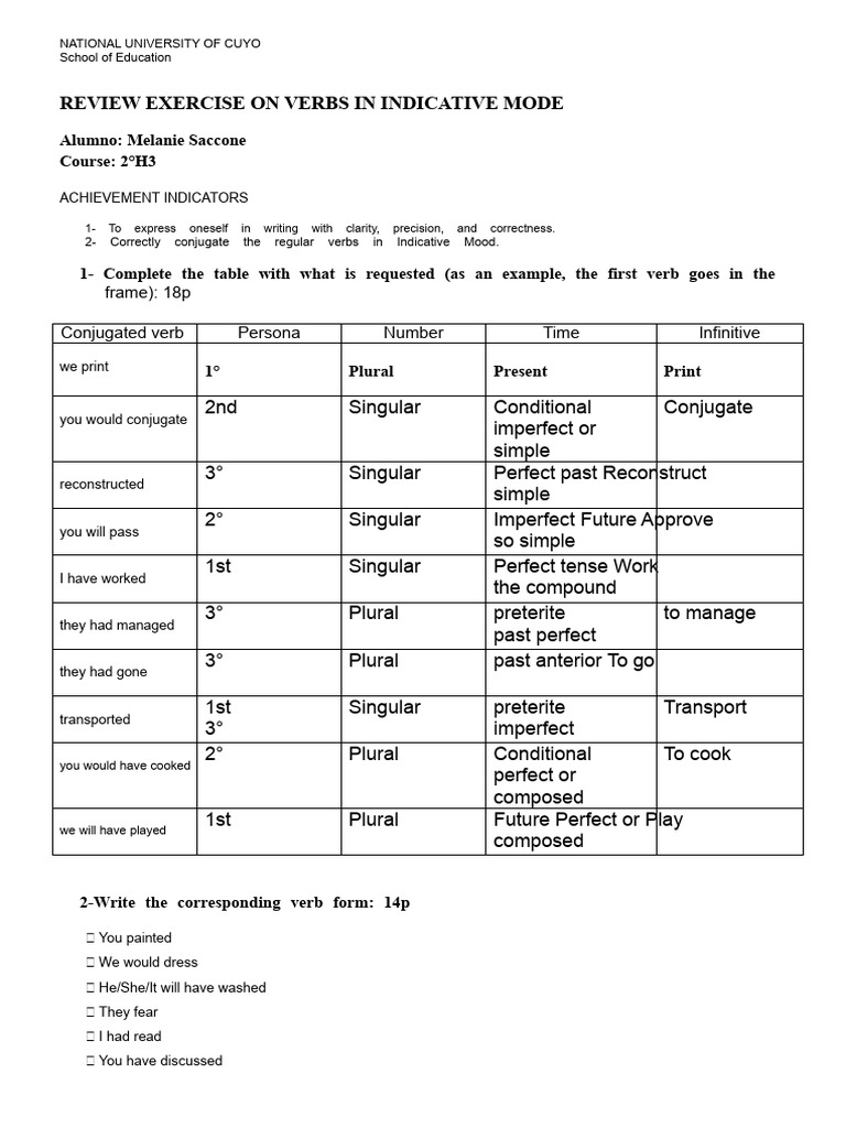 Verbs in Indicative Mood Exercise | PDF | Grammatical Conjugation | Grammar