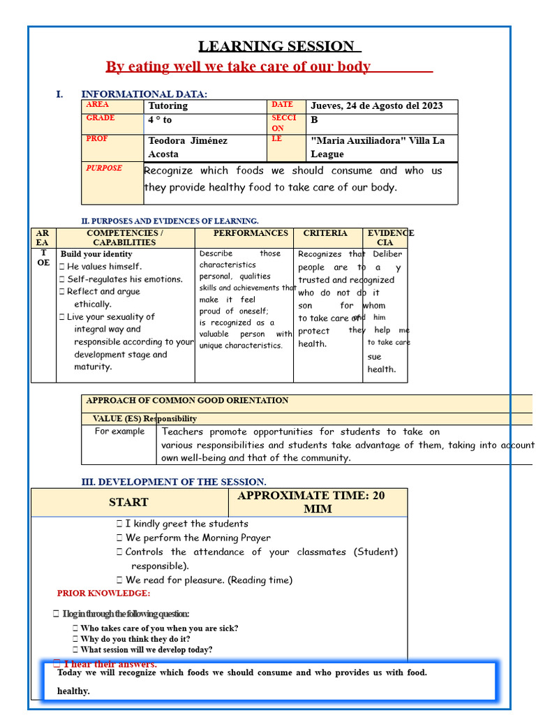 Tutoring Session: Eating Well, Taking Care of Our Body | PDF | Learning ...