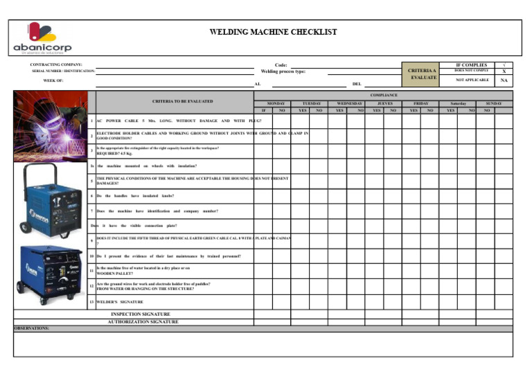 Welding Machine Check List | PDF | Welding | Construction