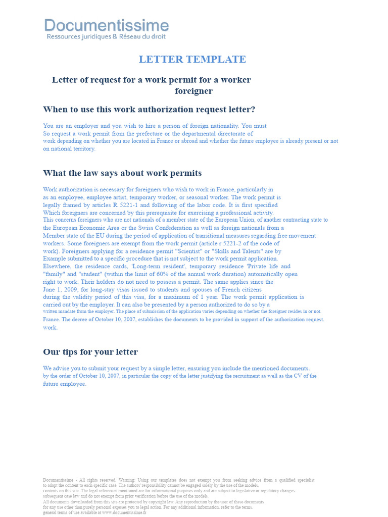 Work Permit Request Letter Template | PDF | Employment