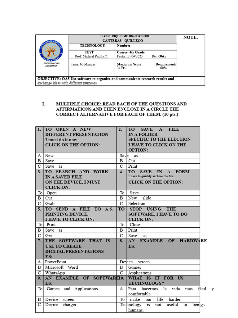 Test 1 Technology Fourth Grade | PDF | Typefaces | Microsoft Power Point