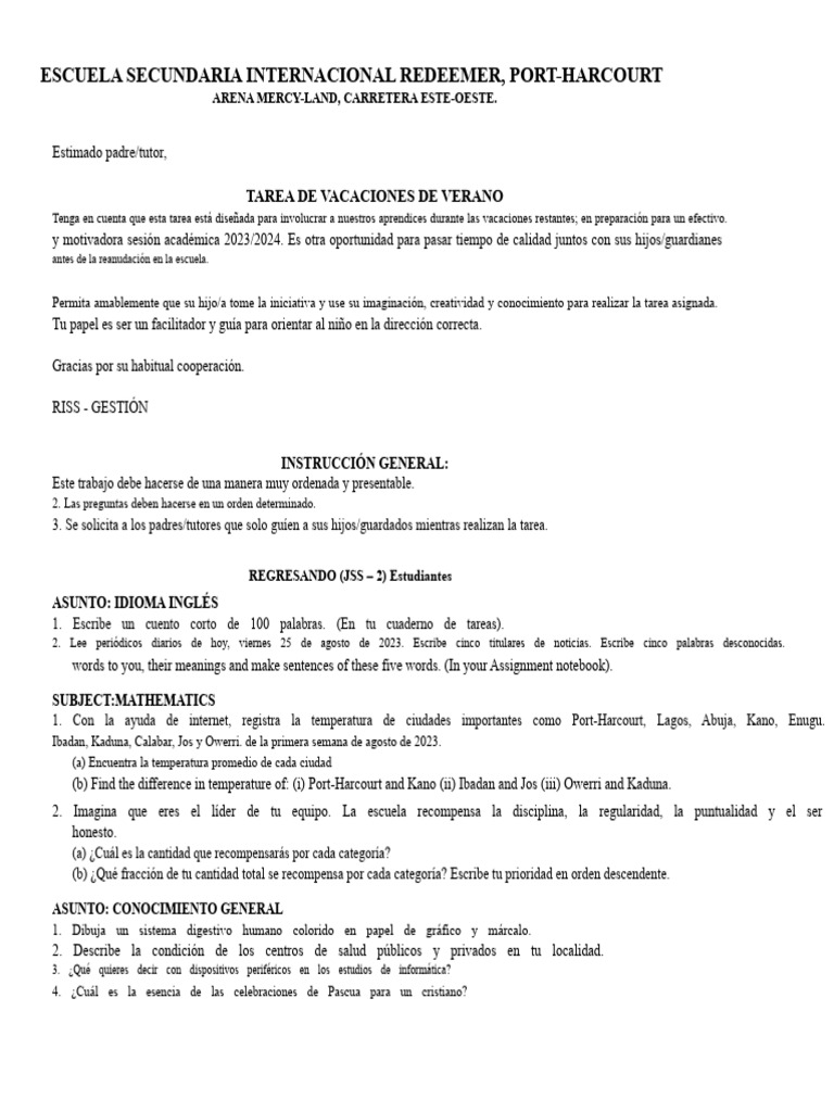 TAREA DE VACACIONES DE VERANO 2023 | PDF | Ecuaciones | Ácido