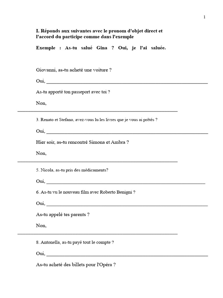 Exercices sur le pronom d'objet direct | PDF