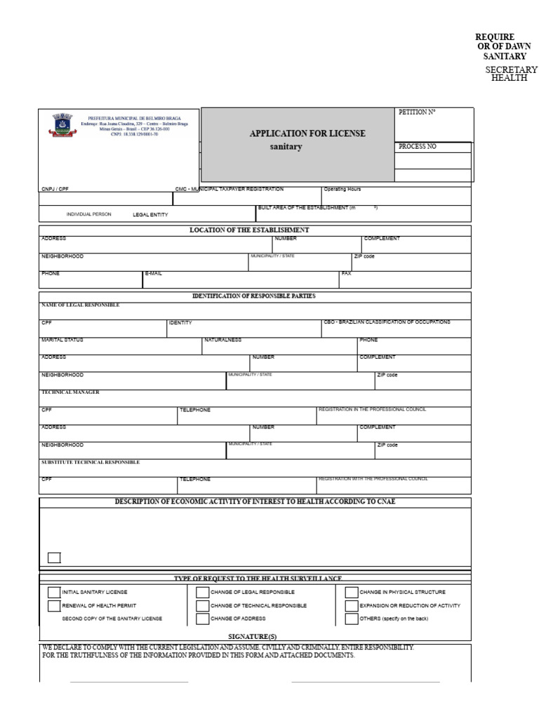 Sanitary License Application Form | PDF | Document | License