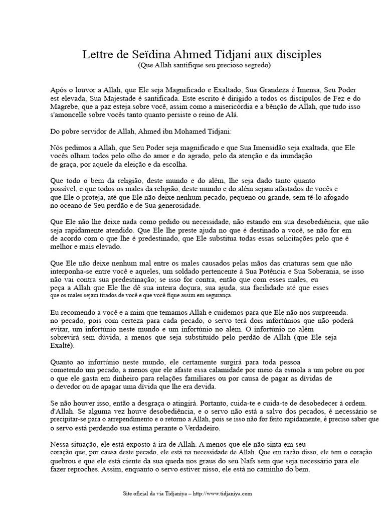 Carta de Sidi Ahmed Tijani (Que Allah o Aceite) Aos Discípulos | PDF ...