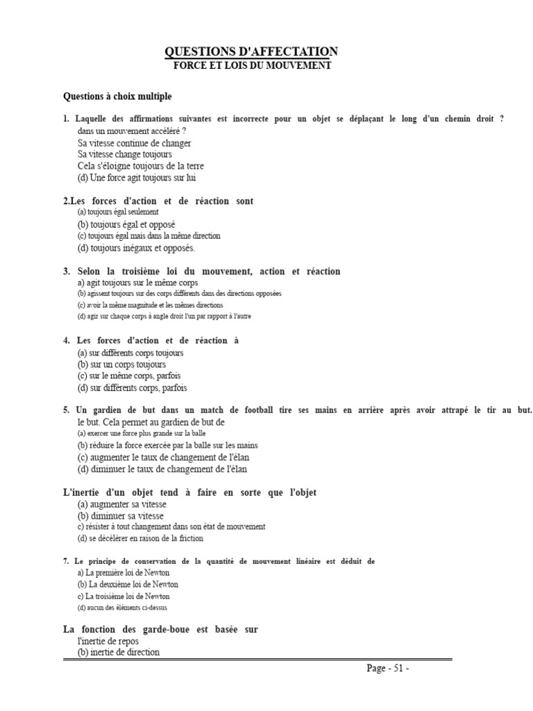 Questions sur la force et le mouvement | PDF | Lois du mouvement de ...
