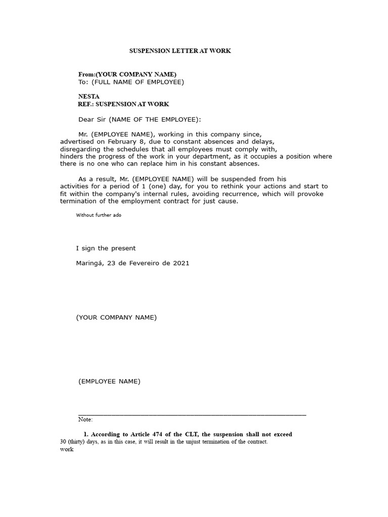 Sample Suspension Letter at Work | PDF