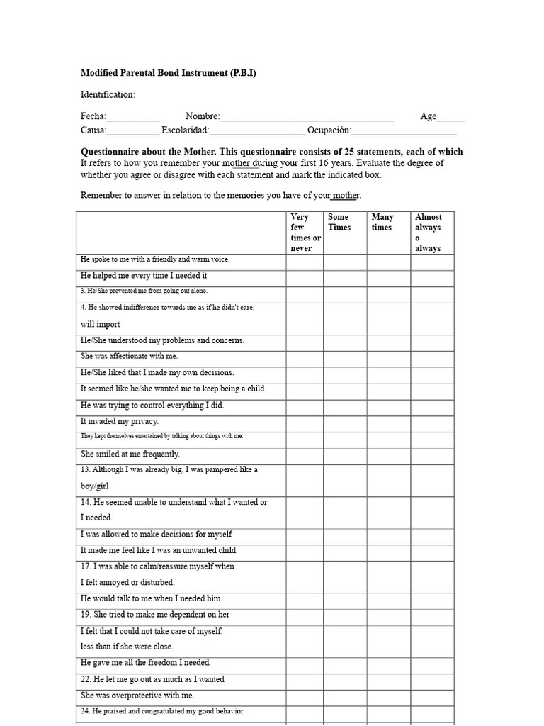 Modified Parental Bond Questionnaire | PDF | Behavioural Sciences ...