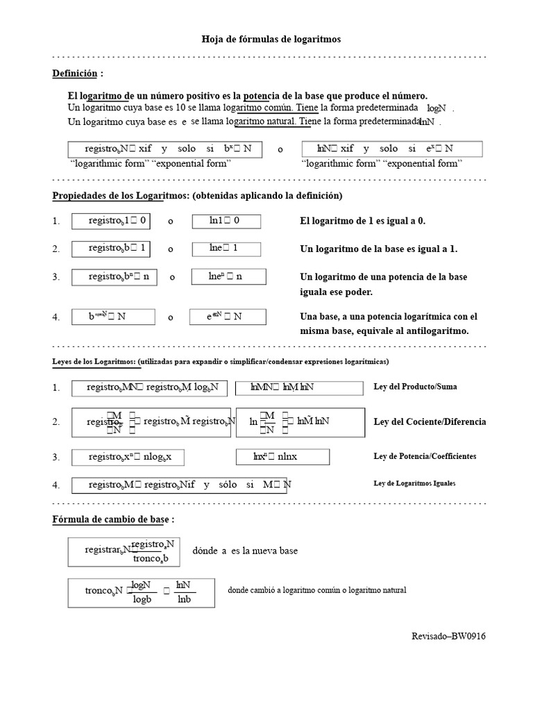 Fórmulas y Propiedades de Logaritmos | PDF | Logaritmo | Exponenciación
