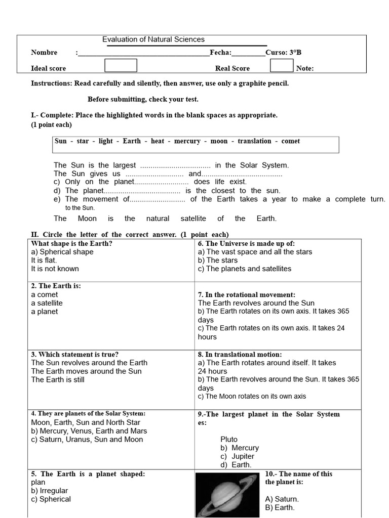 Evaluation Solar System 3rd Grade | PDF | Planets | Solar System