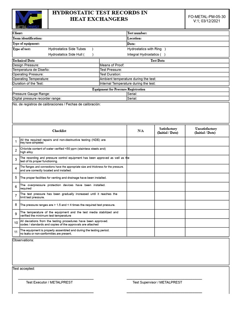 Format For Recording Hydrostatic Tests in Heat Exchangers | PDF ...