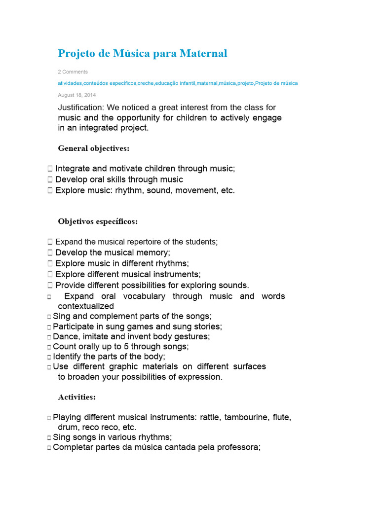 Music Project For Preschool | PDF