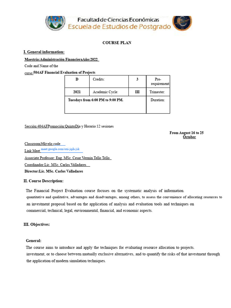Financial Project Evaluation Course Plan | PDF | Net Present Value