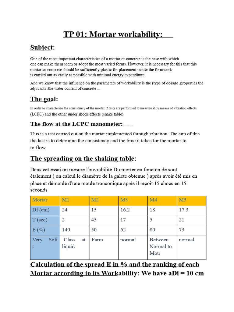 TP 01: Workability of Mortar | PDF | Applied And Interdisciplinary Physics