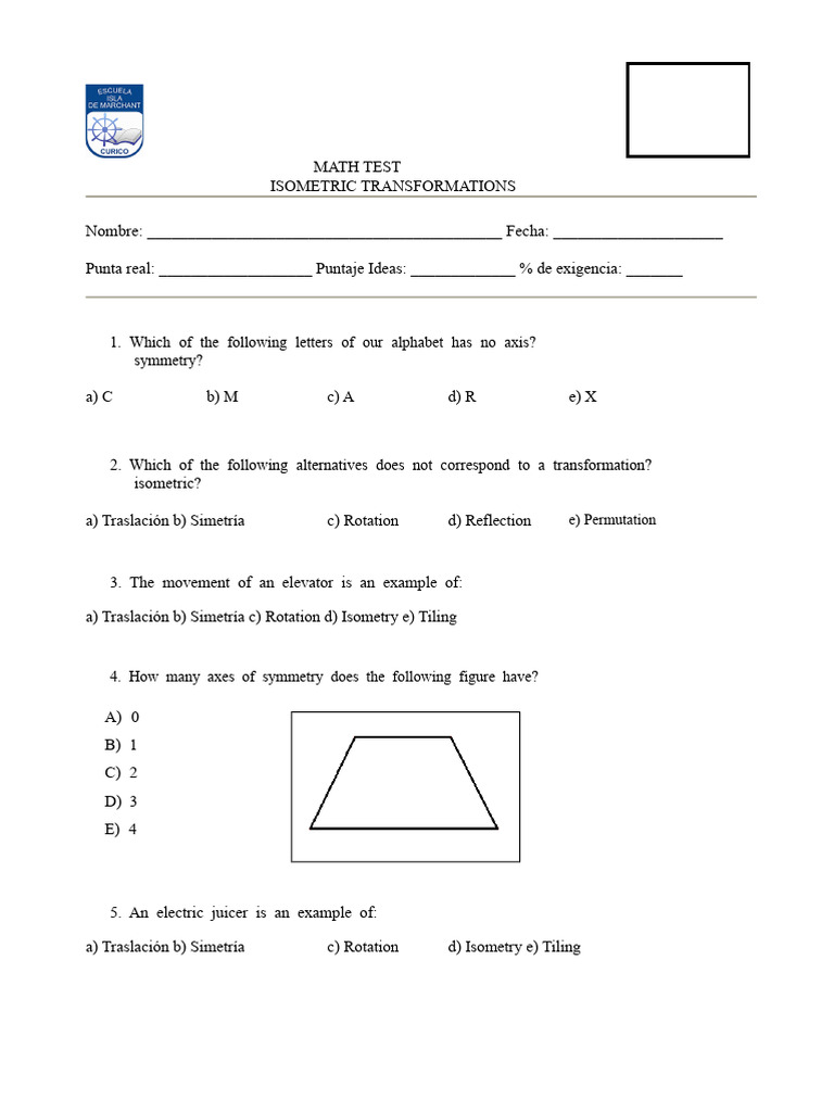 Isometric Transformations Math Test | PDF