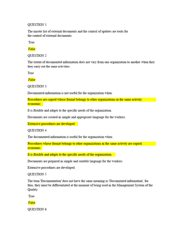 Questionnaire 1 DOCUMENTATION OF A QUALITY MANAGEMENT SYSTEM ISO 9001 ...