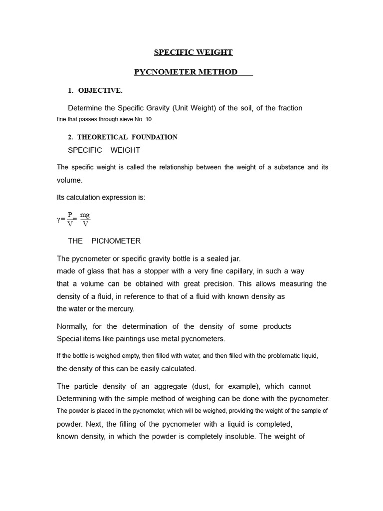 Specific Gravity of Soil by Pycnometer | PDF | Density | Applied And ...