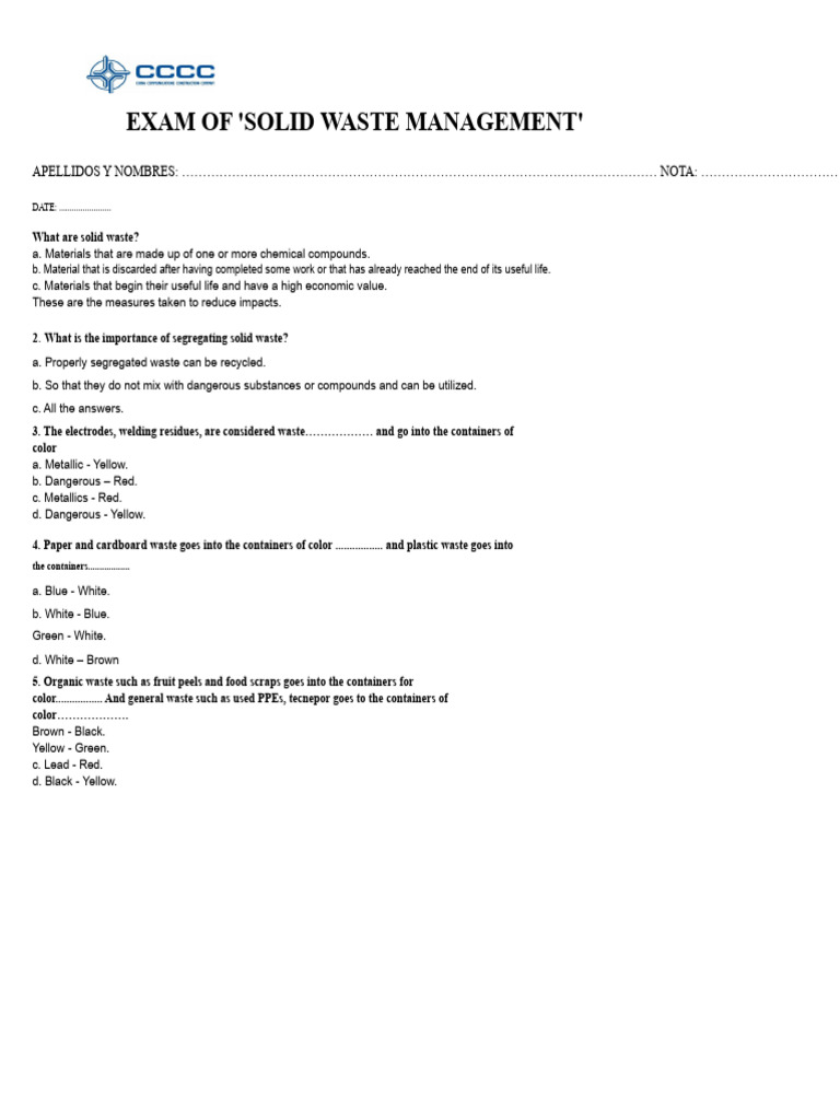 Solid Waste Management Exam Guide | PDF