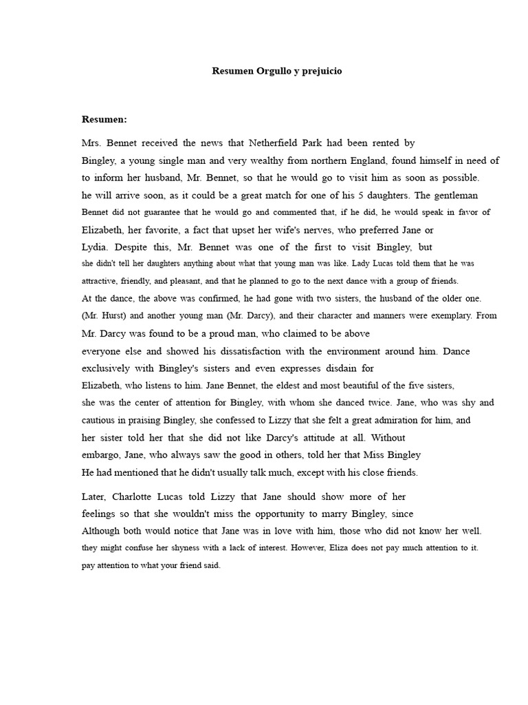 Summary of Pride and Prejudice | PDF | Pride And Prejudice | Mr. Darcy
