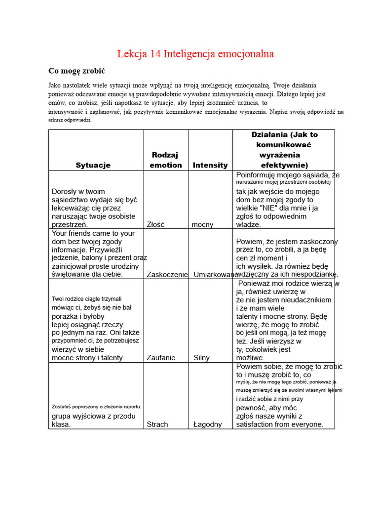 Lekcja 14 Inteligencja emocjonalna Rozwój osobisty | PDF