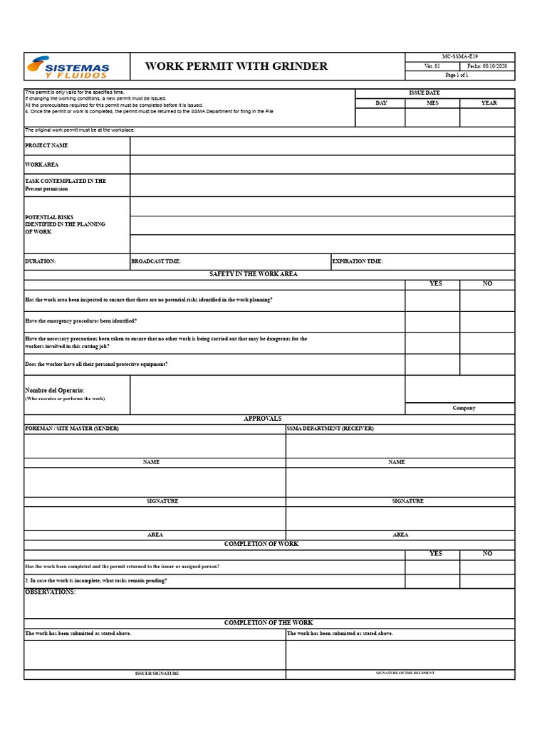 Mc-Ssma-E19-F01 - Work Permit With Grinder | PDF | Safety ...