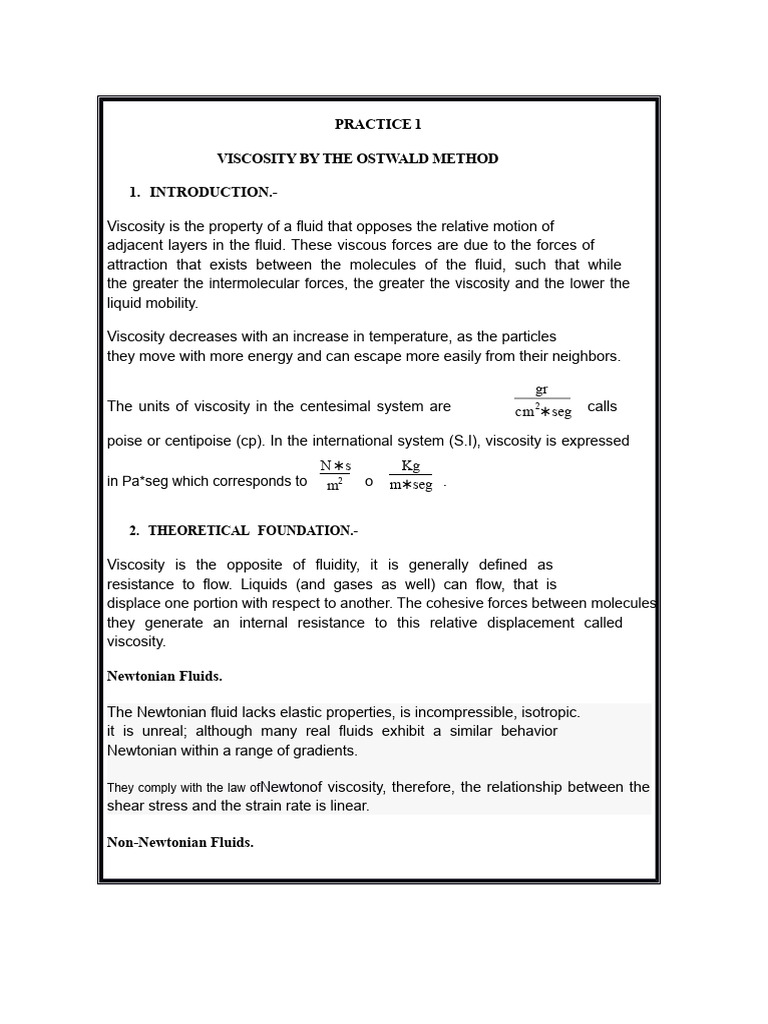 Practice 1 - Viscosity by the Ostwald Method | PDF | Viscosity | Fluid ...
