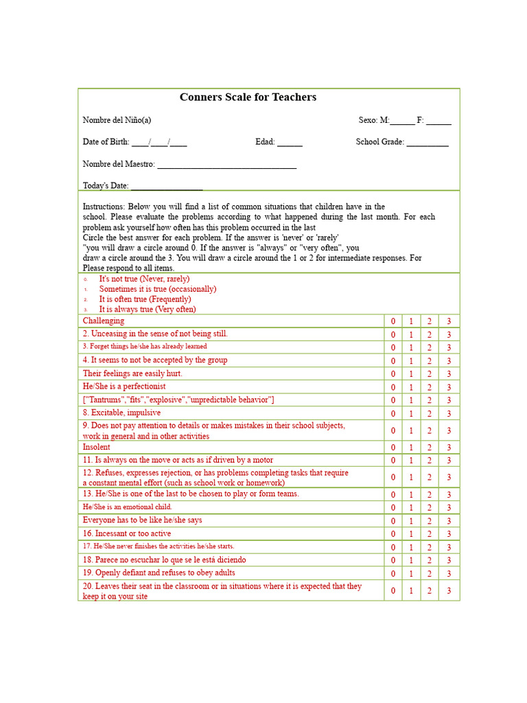 Conners Teacher Rating Scale | PDF | Attention Deficit Hyperactivity ...