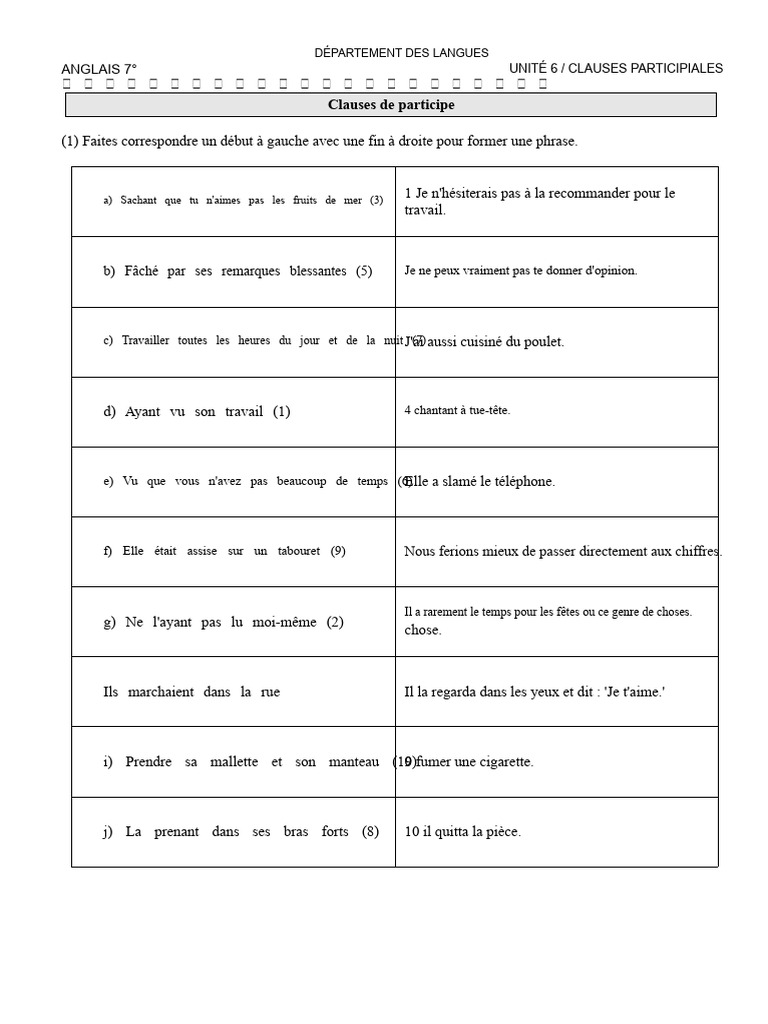 Clauses Participiales en Anglais 7° | PDF