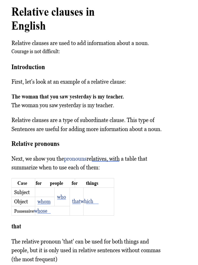Relative Clauses in English PDF | PDF | Linguistic Typology | Syntactic ...