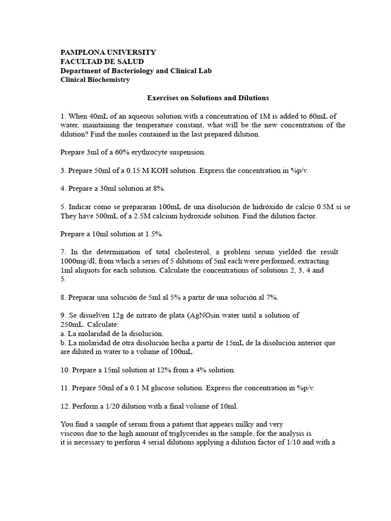 Exercises Solutions and Dilutions II | PDF | Concentration | Chemistry