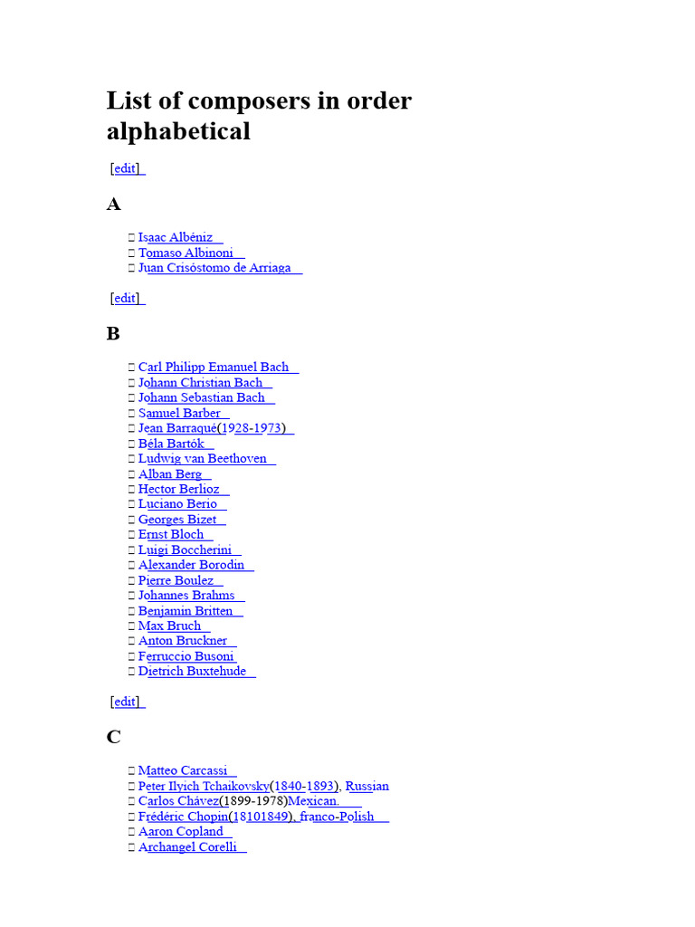 Alphabetical List of Composers | PDF | Romantic Music | Classical Music