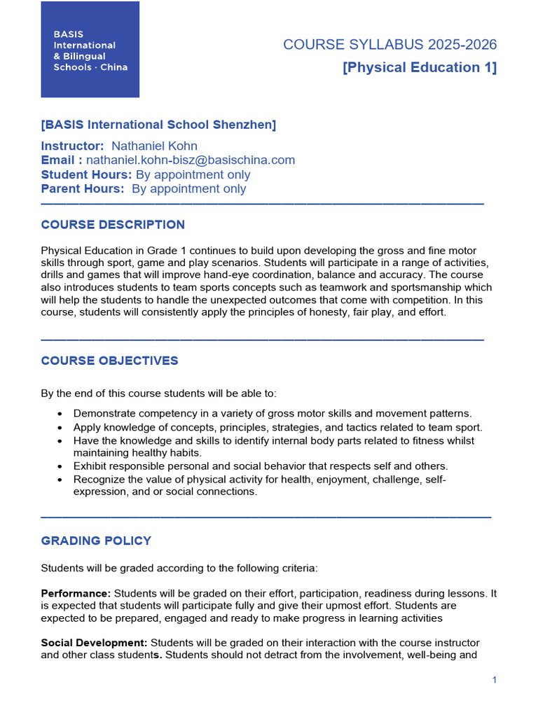 G1 P.E & Sport Syllabus Nate Kohn | PDF | Physical Education | Sports