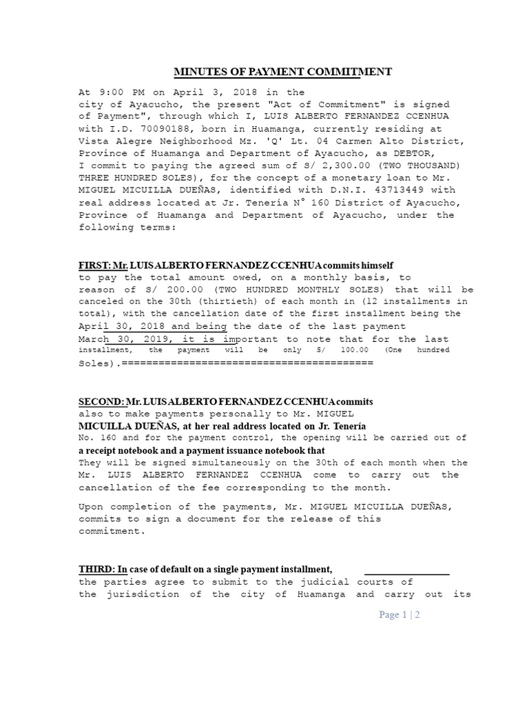 Payment Commitment Agreement | PDF | Money | Private Law
