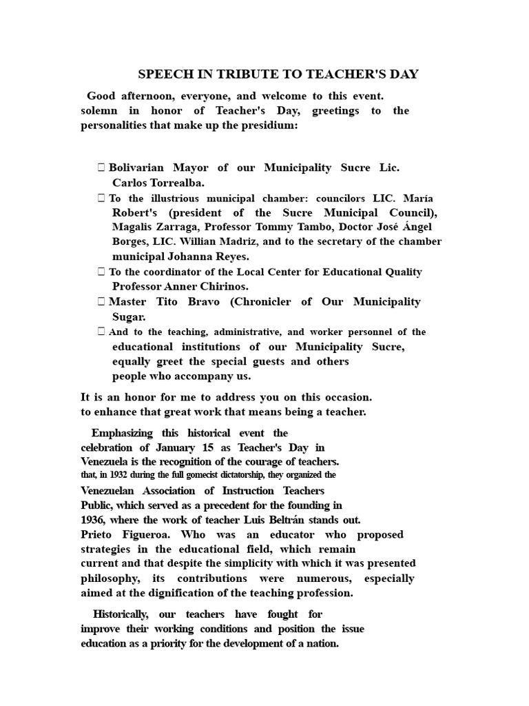 SPEECH IN TRIBUTE TO TEACHER'S DAY (1) | PDF | Knowledge | Teachers