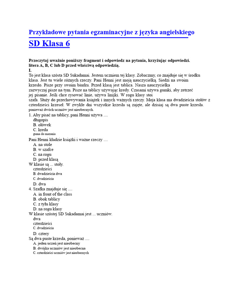 313019155-Pytanie-Na-Exam-Szkoła-Język-Angielski-Podstawówka-Klasa-6.docx | PDF