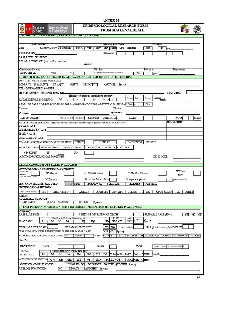 Annex 2 - Investigation Sheet Maternal Death | PDF | Childbirth | Pregnancy
