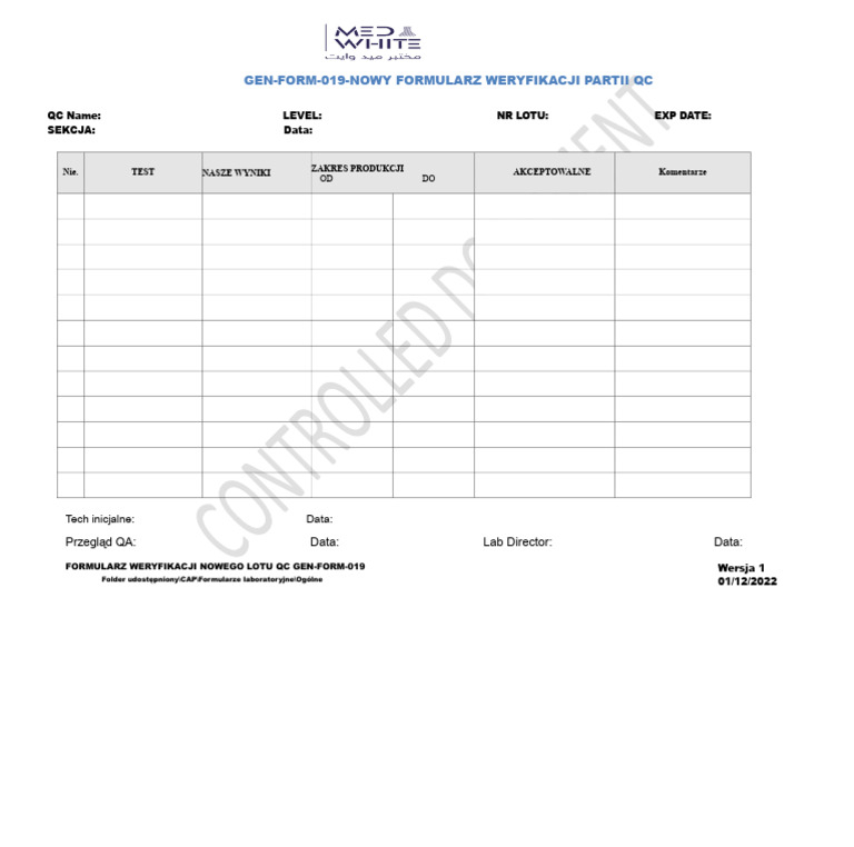 Gen-Form-019 - Nowy Formularz Weryfikacji Partii QC | PDF