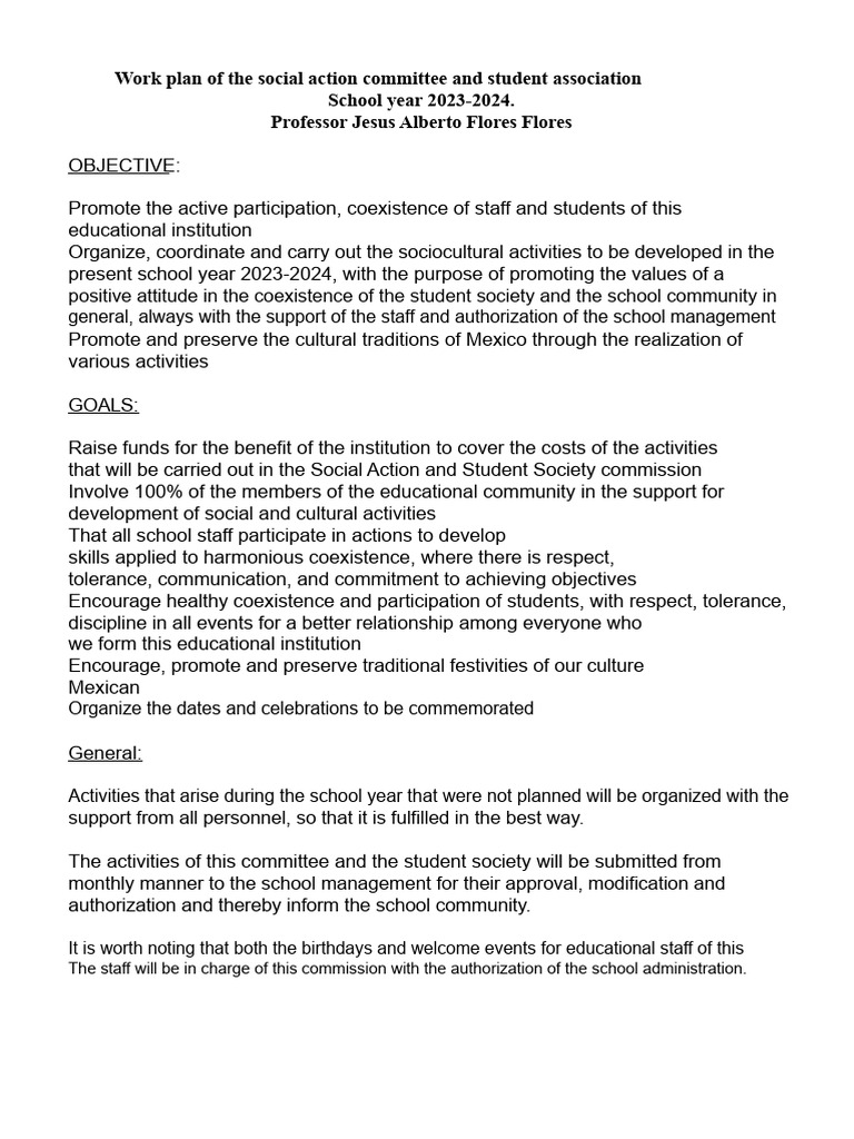 Work Plan of The Social Action Commission and Student Society 2023-2024 ...