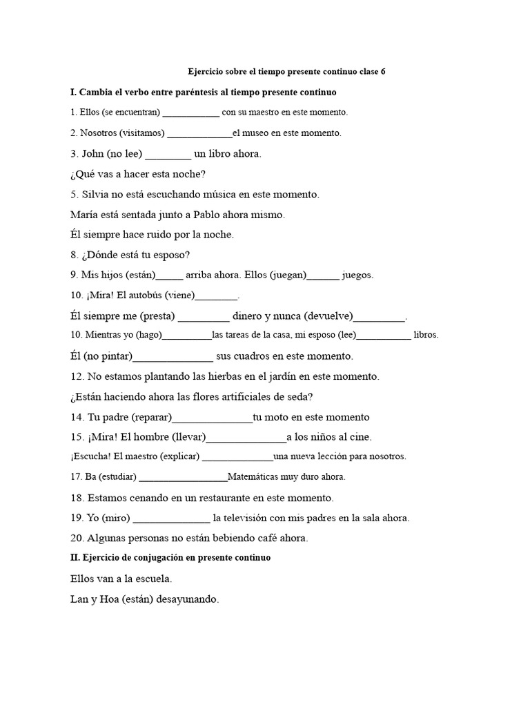 Ejercicios de Presente Continuo en Inglés | PDF