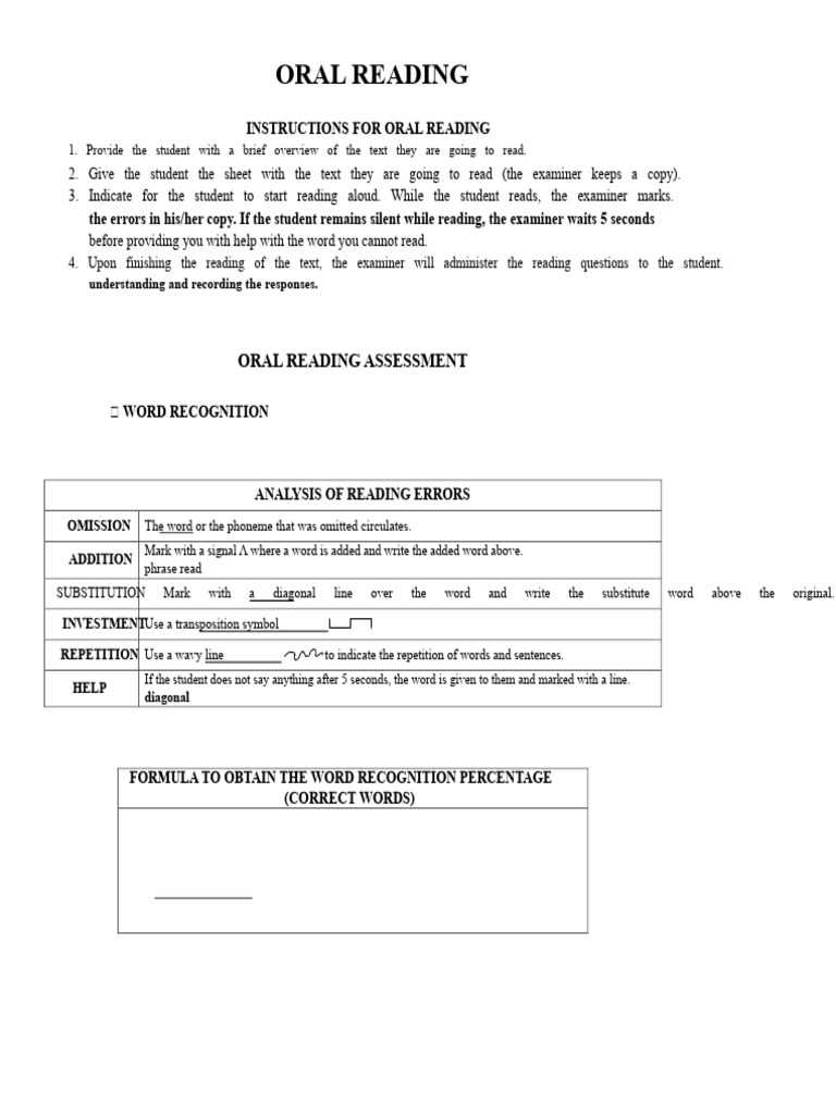 Oral Reading Assessment Guidelines | PDF | Reading Comprehension ...
